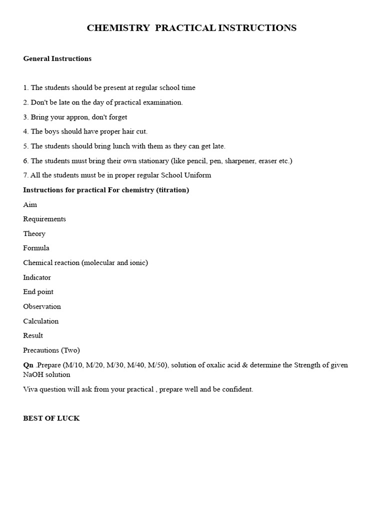 Chemistry Practical Exam Instructions | PDF