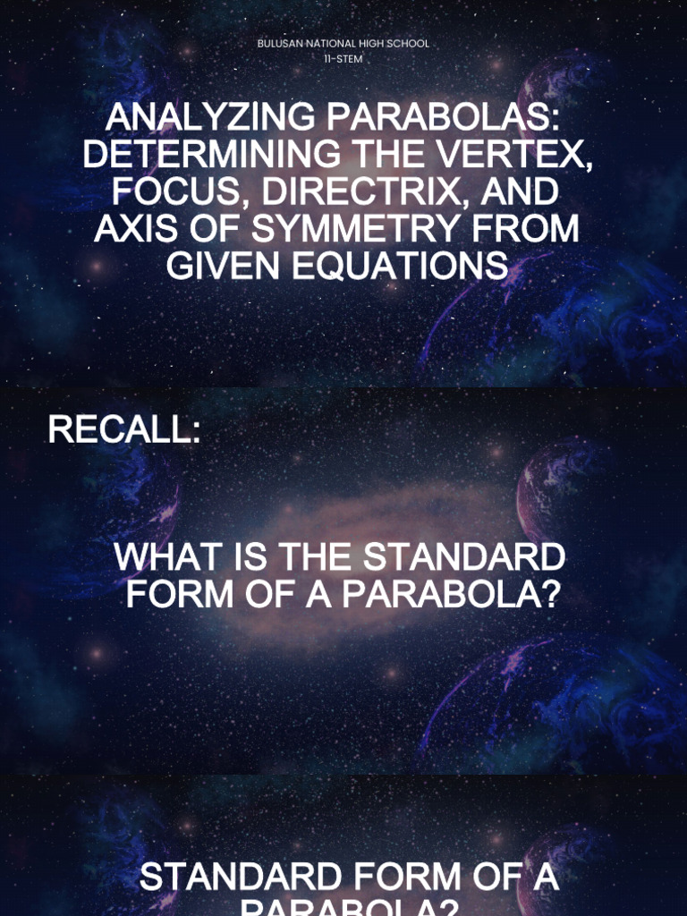 Analyzing Parabolas Determining The Vertex Focus Directrix and Axis of ...