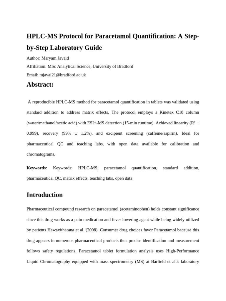 HPLC-MS Method for Paracetamol Analysis | PDF | Mass Spectrometry ...