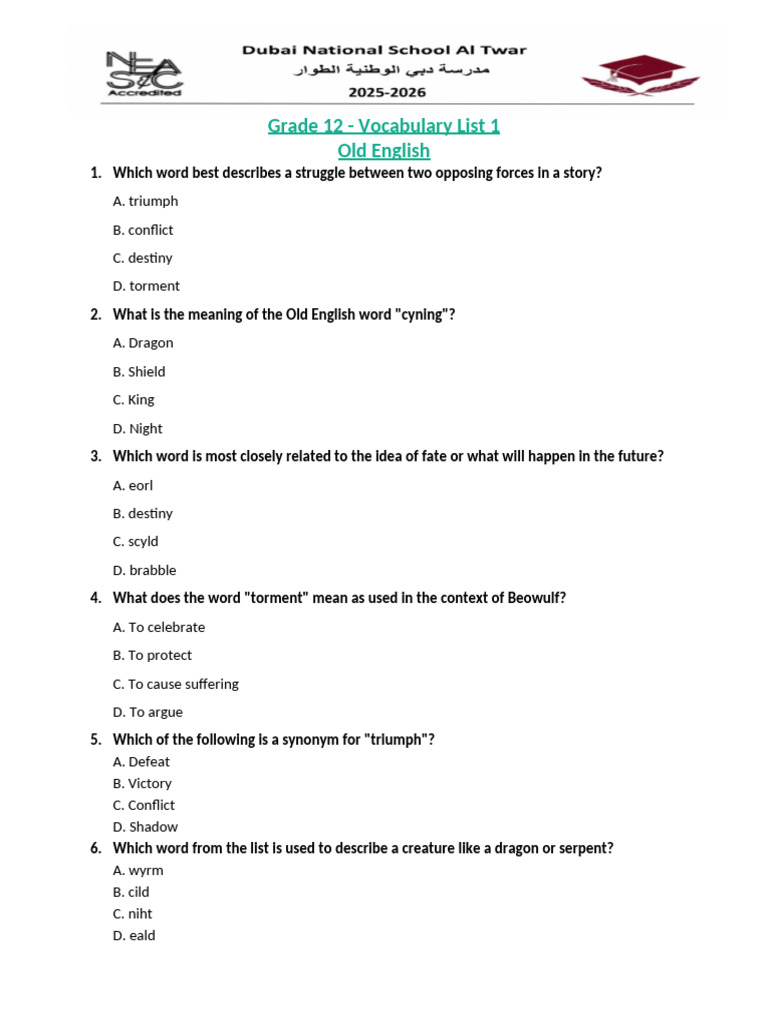 Beowulf and Old English - Vocabulary and Questions | PDF