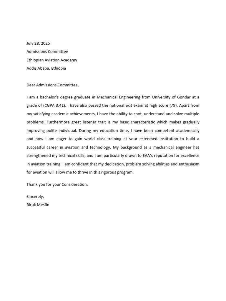 Mechanical Engineer Admission Letter | PDF