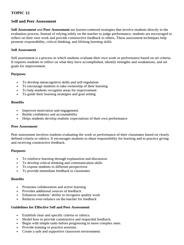Self and Peer Assessment Strategies | PDF | Educational Assessment ...