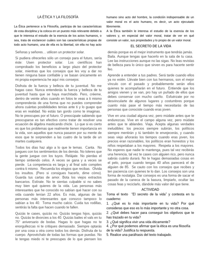 Lectura de Tica El Secreto de La Vida | PDF | Moralidad