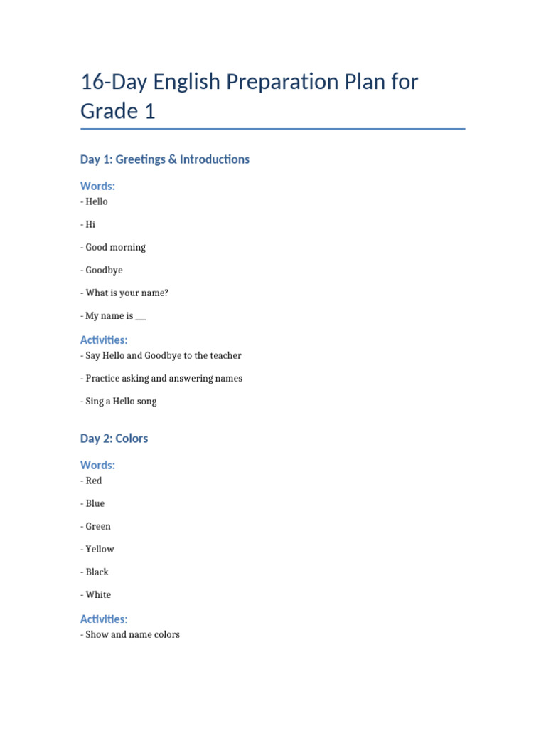 16 Day English Preparation Plan | PDF | Fruit | Vegetables