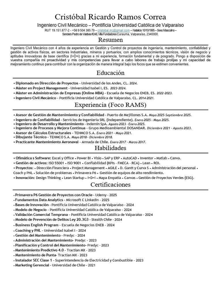 CV - Cristóbal Ricardo Ramos Correa - HF - RAMS - 250909 | PDF | Ingeniería de confiabilidad ...