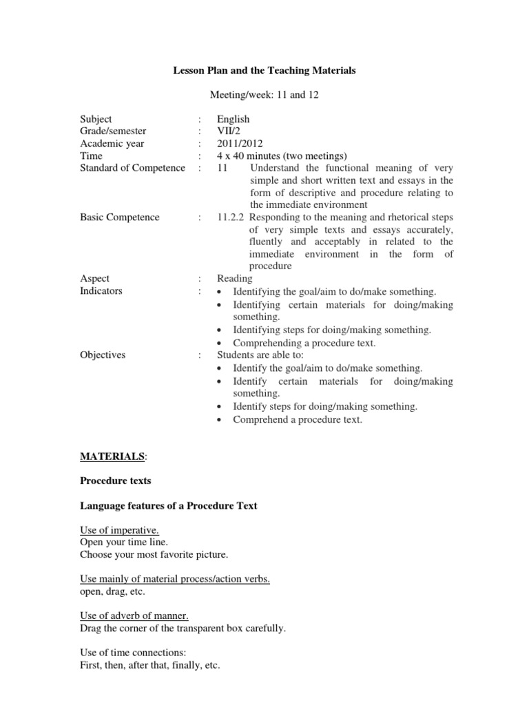 Lesson Plan-Procedure Text | PDF | Lesson Plan | Foods