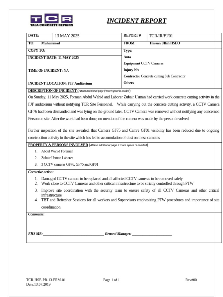 CCTV Incident Report - FJF Auditorium | PDF
