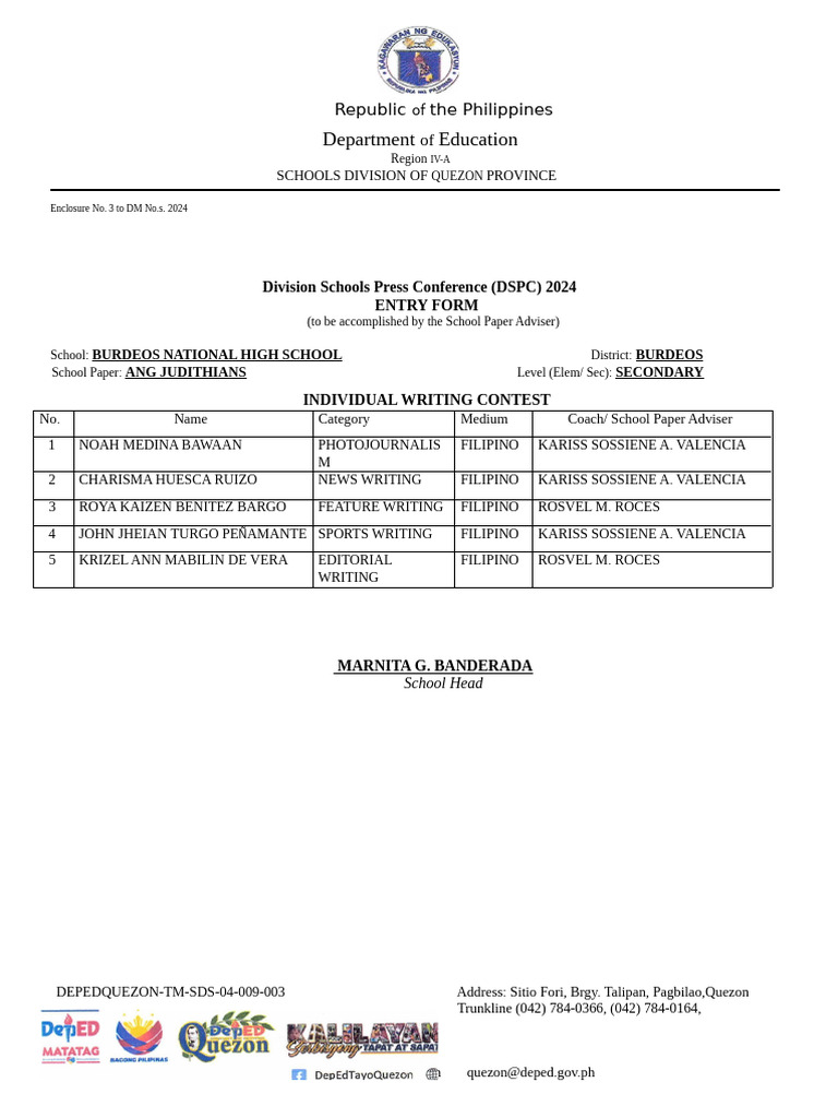 DSPC 2024 Entry Form for Burdeos HS | PDF