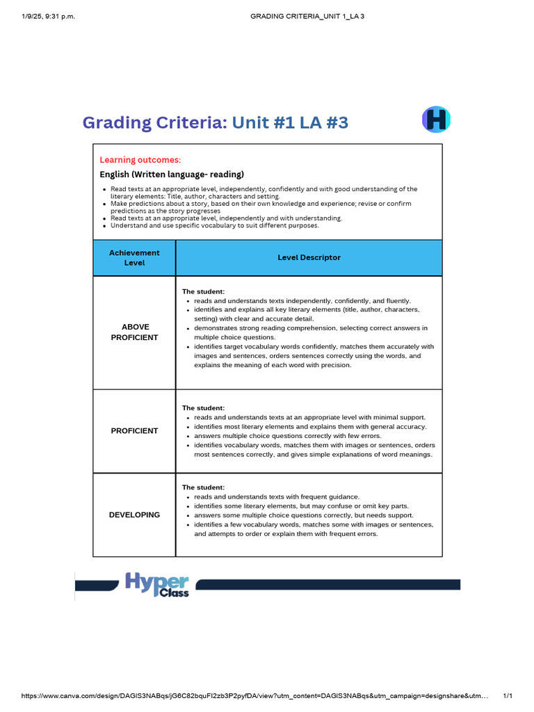 Grading Criteria - Unit 1 - La 3 | PDF | Vocabulary | Applied Linguistics