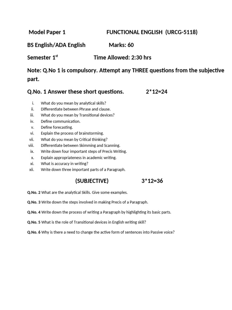 Model Ppaer 1 Functional English Sem 1 | PDF