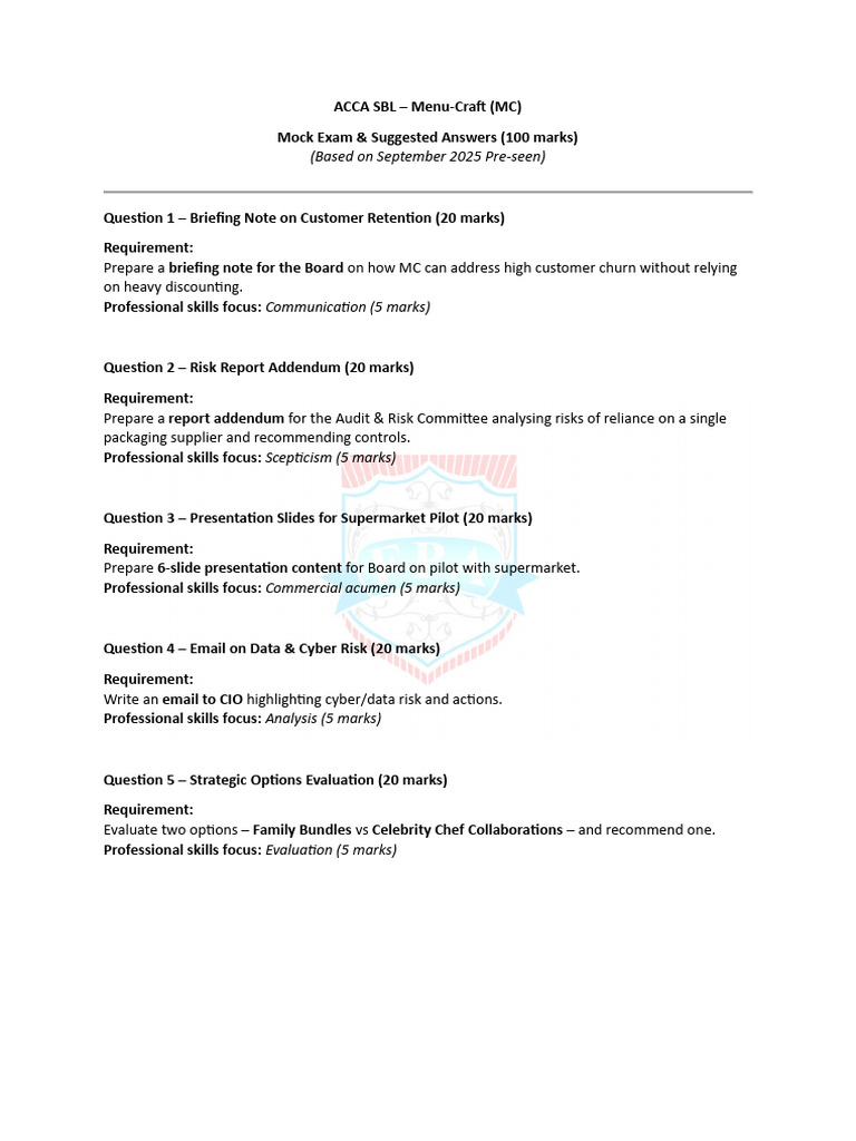 ACCA SBL Preseen Sept 2025 - Questions | PDF
