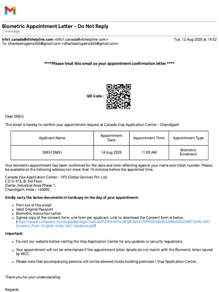Gmail - Biometric Appointment Letter - Do Not Reply | PDF | Travel Visa ...