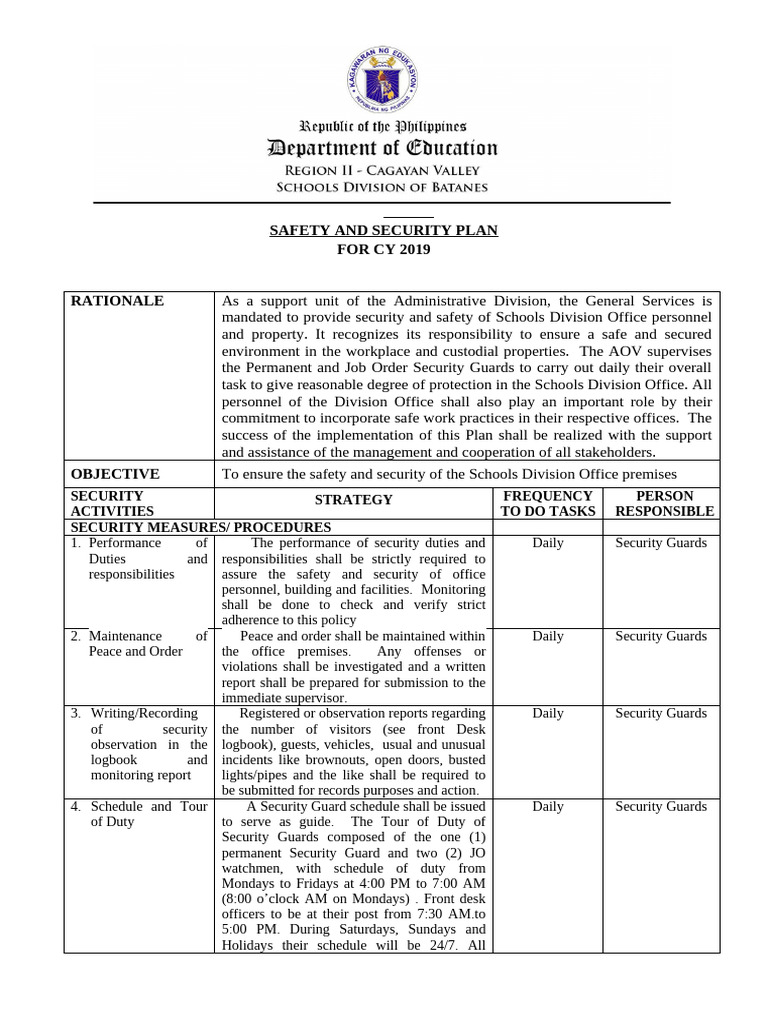 Fm Sds Adm 008 Safety and Security Plan | PDF | Security Guard | Parking