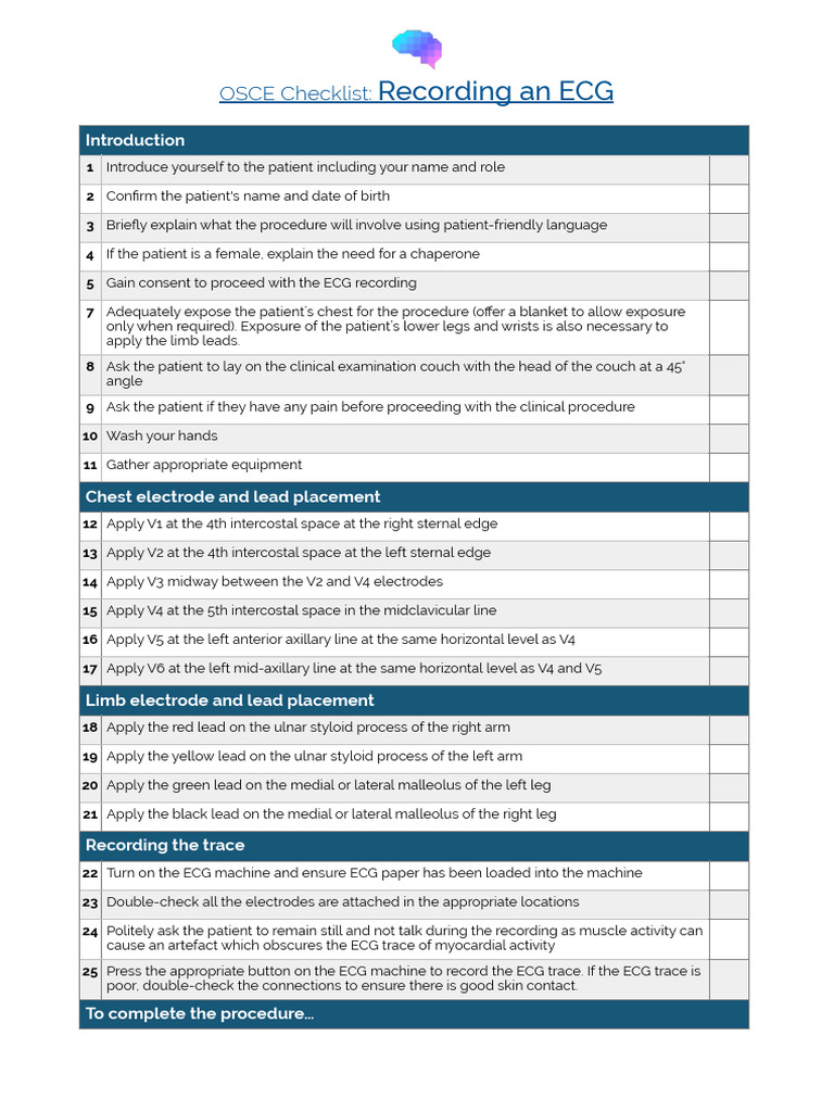 ECG OSCE Procedure Checklist | PDF | Electrocardiography | Clinical ...