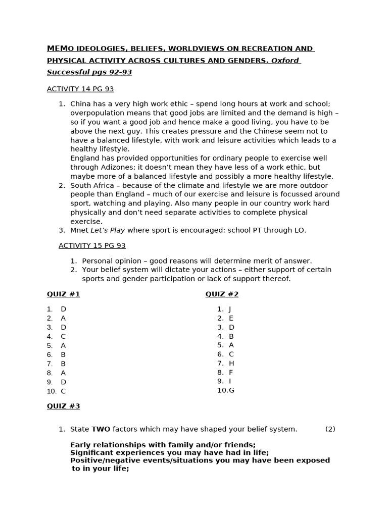 Beliefs and Ideologies Worksheet Memo | PDF | Sports | Disability