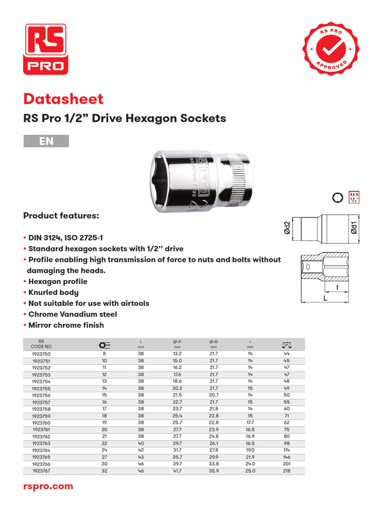 RS Pro 1/2" Drive Hexagon Sockets | PDF