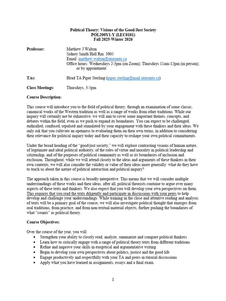 POL200 Syllabus: Political Theory Course | PDF | Essays | Academic ...