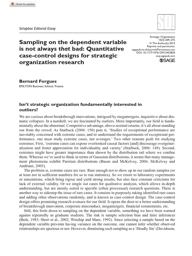 Forgues 2012 Sampling On The Dependent Variable Is Not Always That Bad ...
