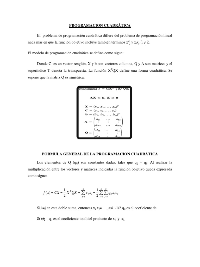 Programacion Cuadrática | PDF | Matriz (Matemáticas) | Multiplicación