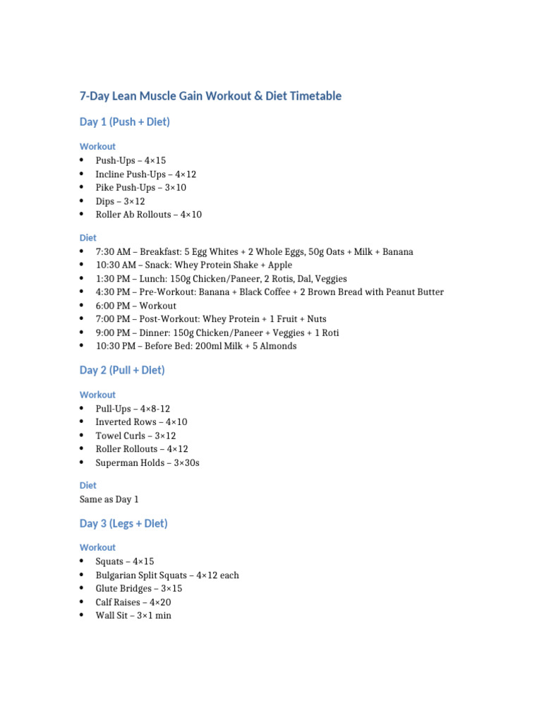 7 Day Lean Muscle Gain Timetable | PDF