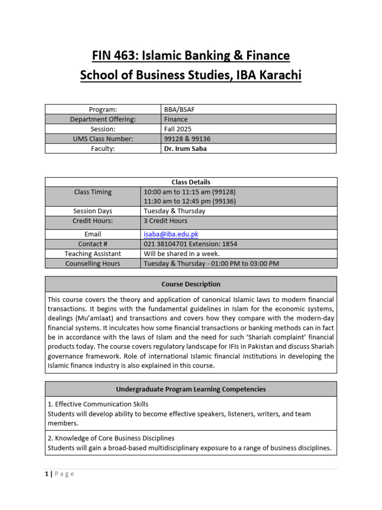 Course Outline - Islamic Banking - Finance - Fall 2025 - Dr. Irum Saba | PDF | Islamic Banking ...
