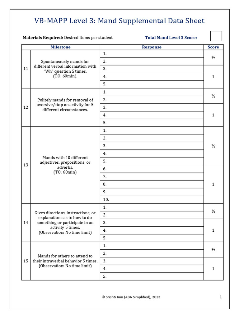 VB-MAPP Level 3 Assessment Data Sheet | PDF | Adverb | Adjective