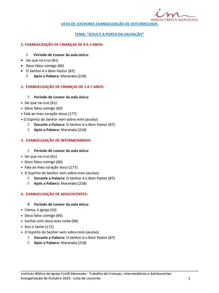 Lista de Louvores Evangelizacao Outubro 2025 Jesus 250825 133041 | PDF