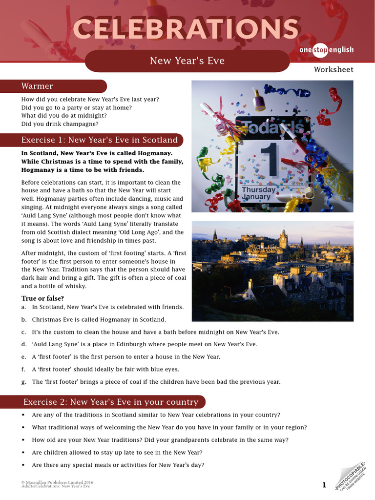 New Year's Eve Celebrations Worksheet | PDF