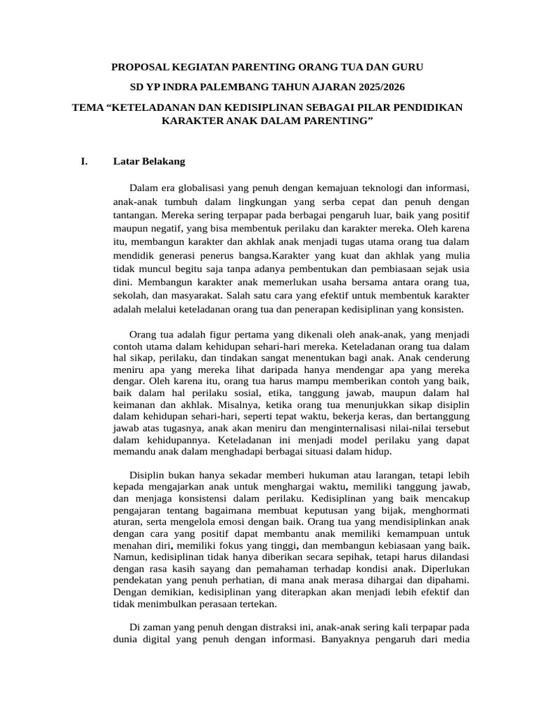 Proposal Kegiatan Parenting Orang Tua Dan Guru SD Yp Indra | PDF
