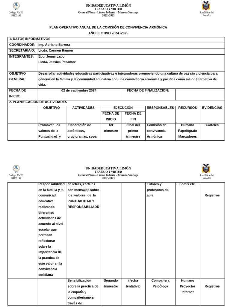 Plan Operativo Anual 2024-2025 | PDF
