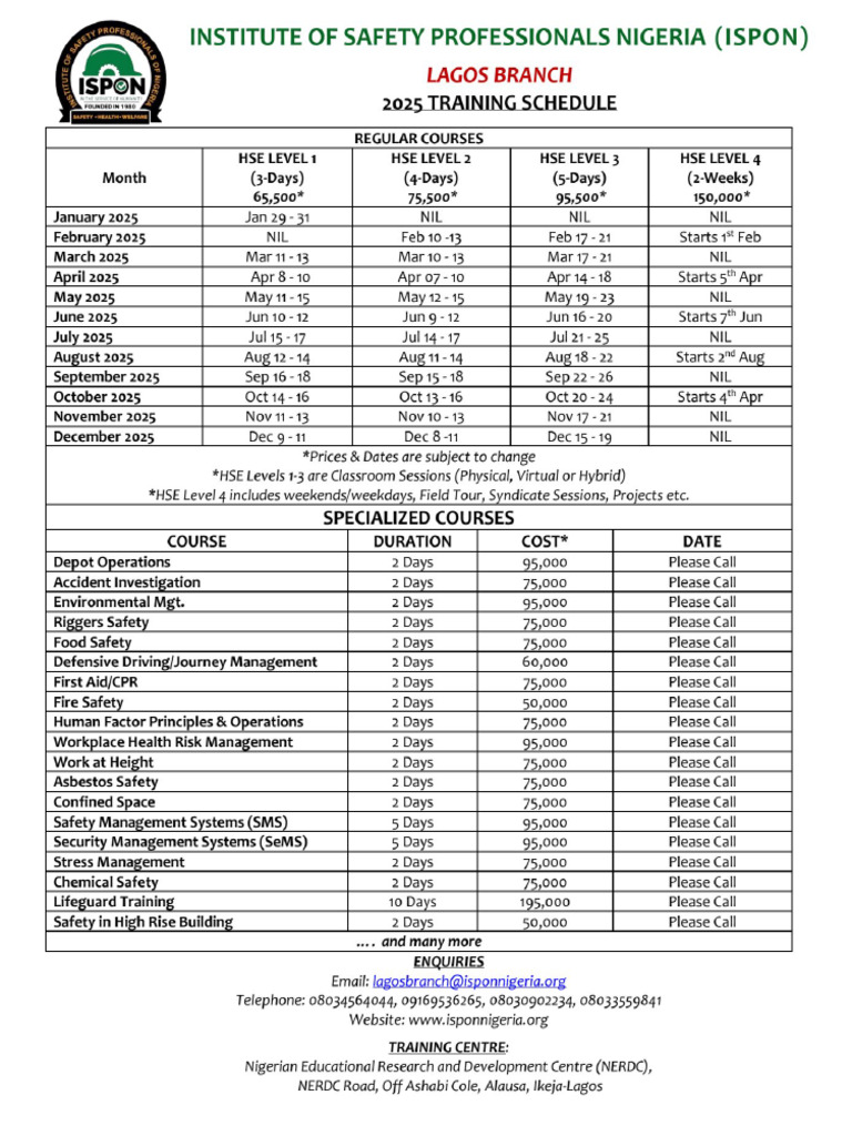 Ispon Lagos Training Schedule - 2025 | PDF