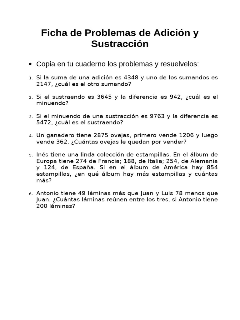 Ficha de Problemas de Adición y Sustracción | PDF