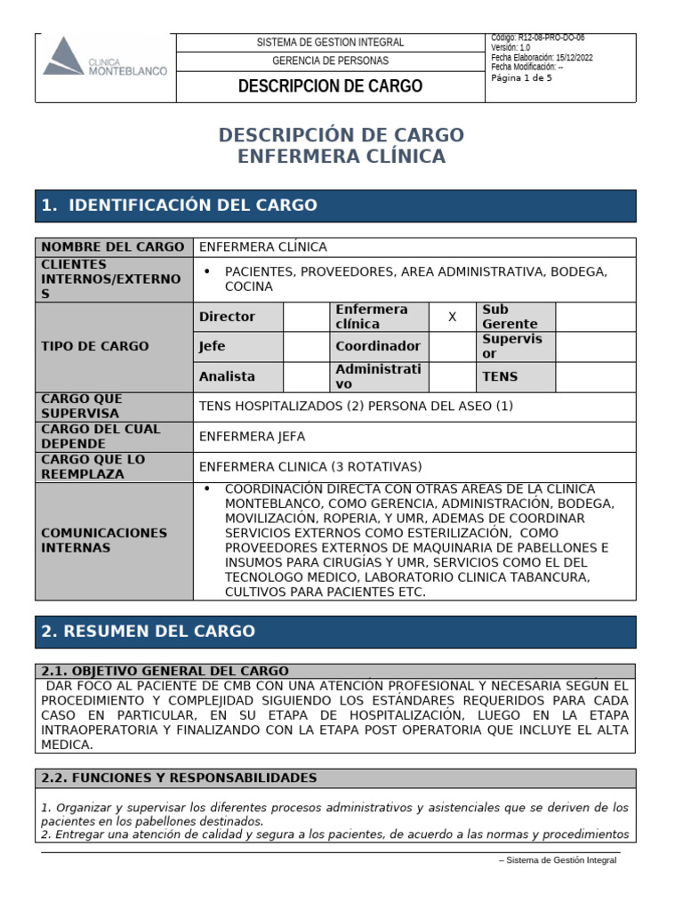 Descriptor de Cargo Enfermera Clinica CMB | PDF | Hospital | Enfermería