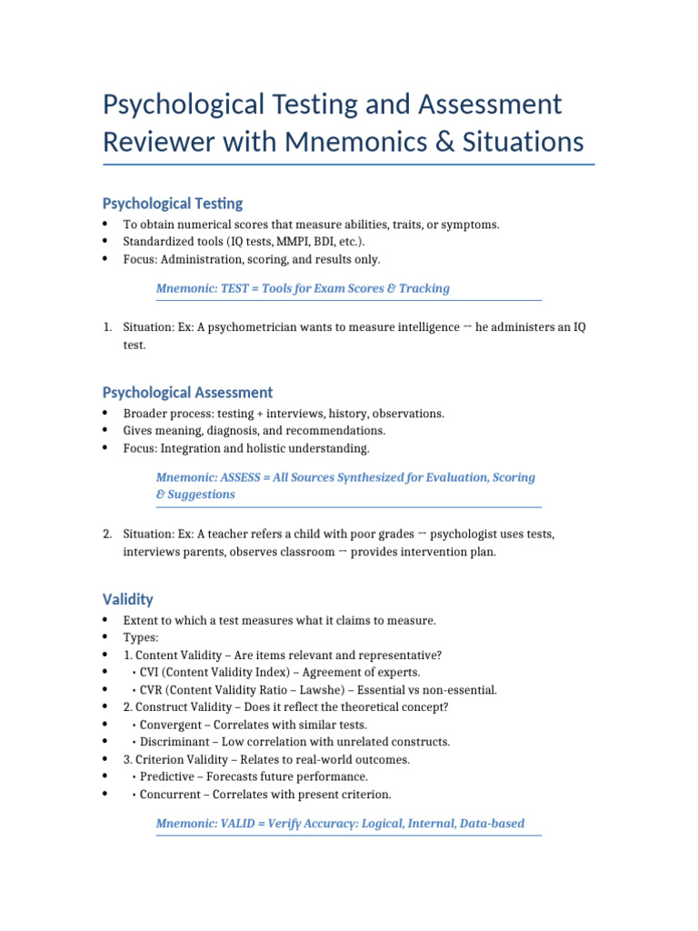 Psych Testing Assessment Reviewer With Situations | PDF | Validity ...