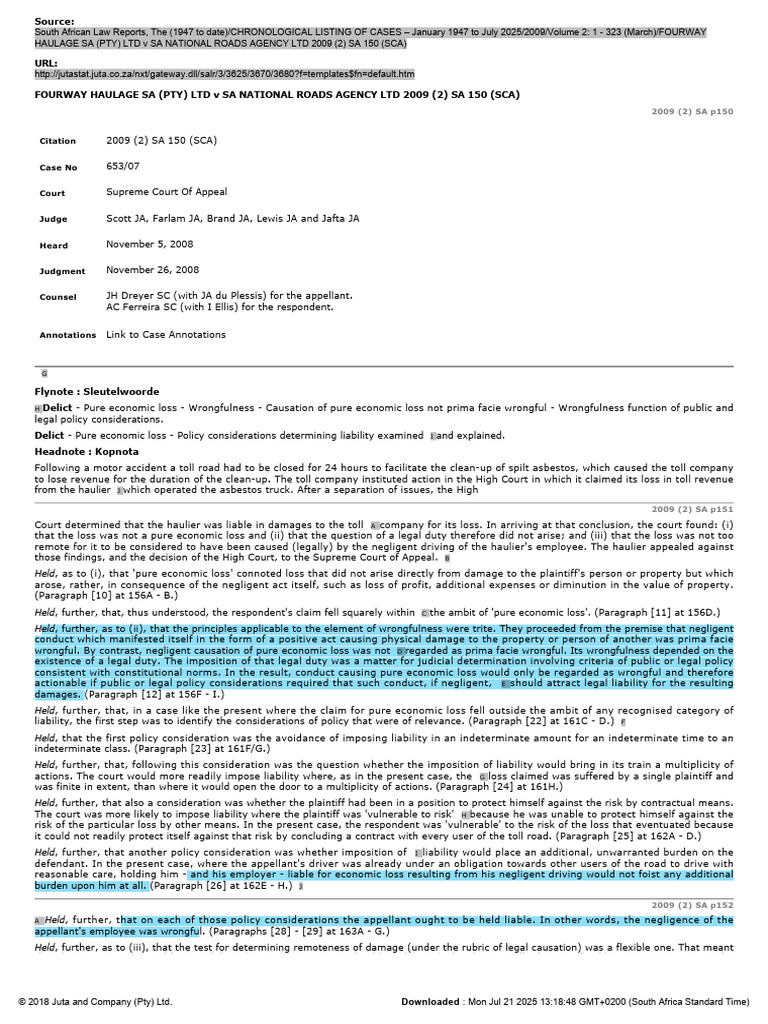 Fourway Haulage v SA Roads Agency Case | PDF | Negligence | Duty Of Care