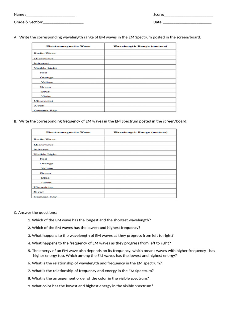 EM Spectrum Activity Worksheet | PDF