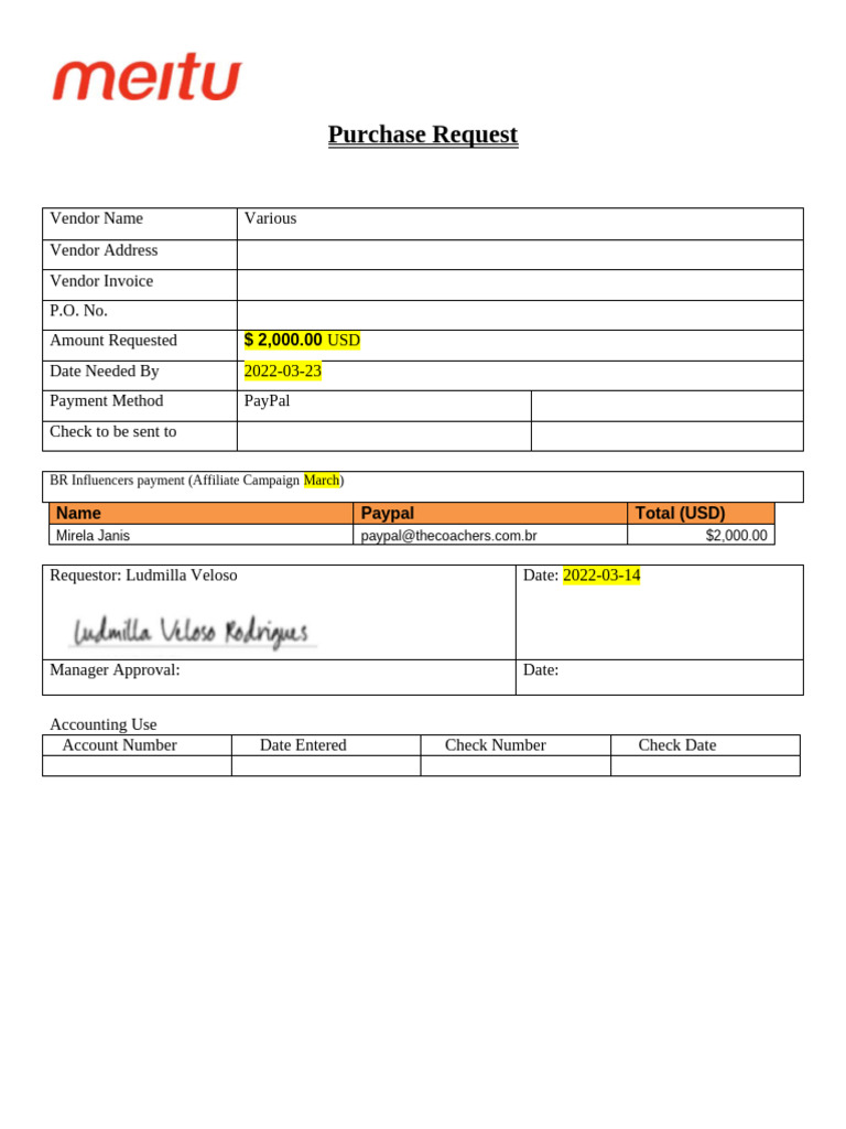 Purchase Request for $2,000 Payment | PDF