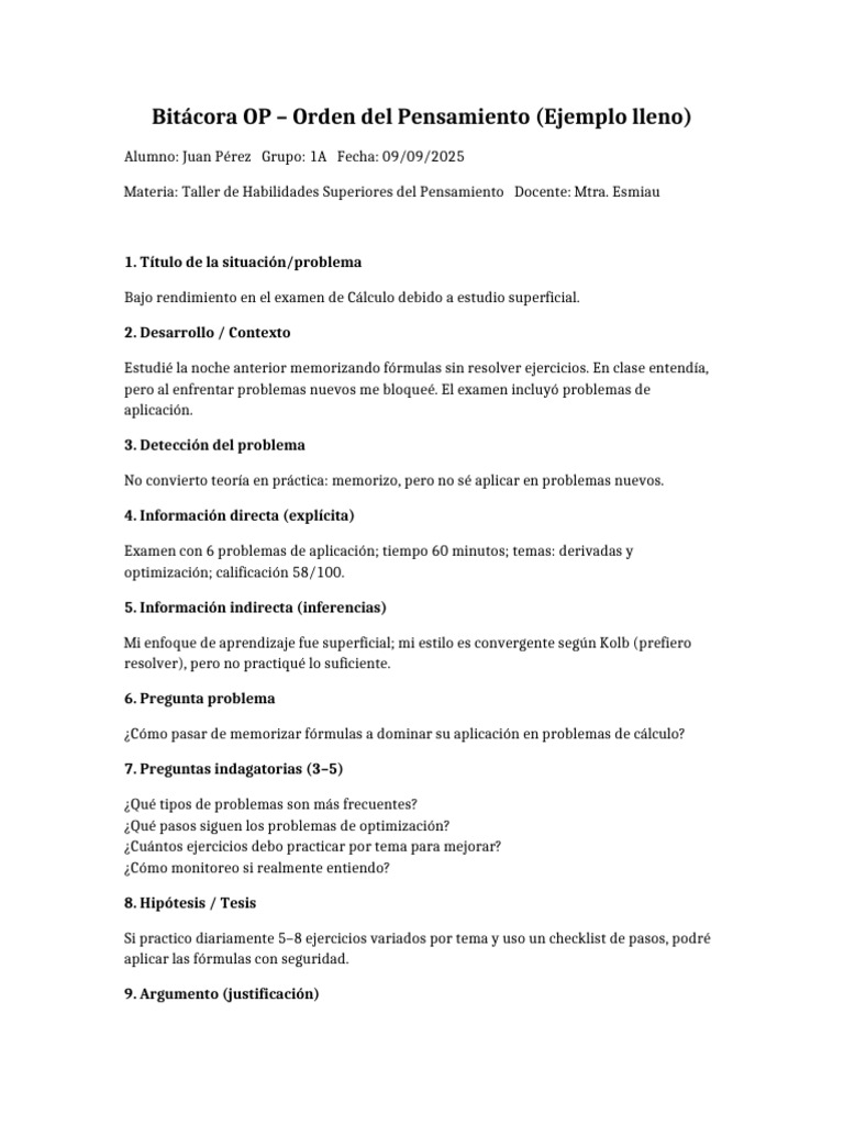 Ejemplo Llenado Bitacora OP | PDF | Pensamiento | Aprendizaje