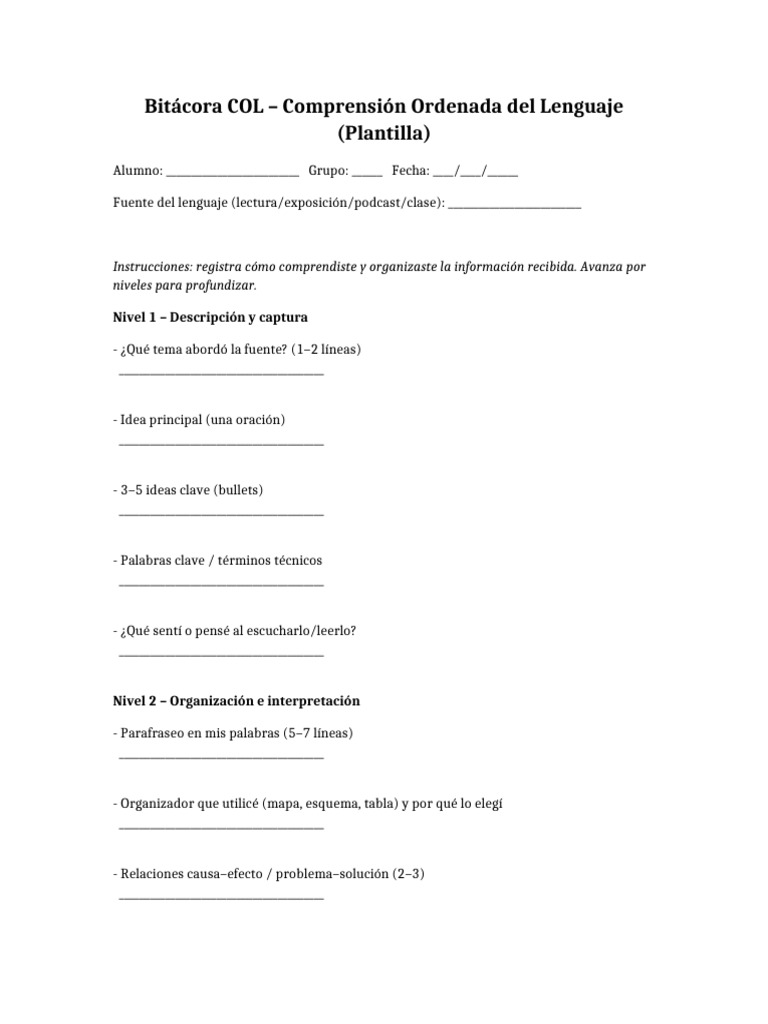 Plantilla Bitacora COL Comprension Ordenada Del Lenguaje | PDF