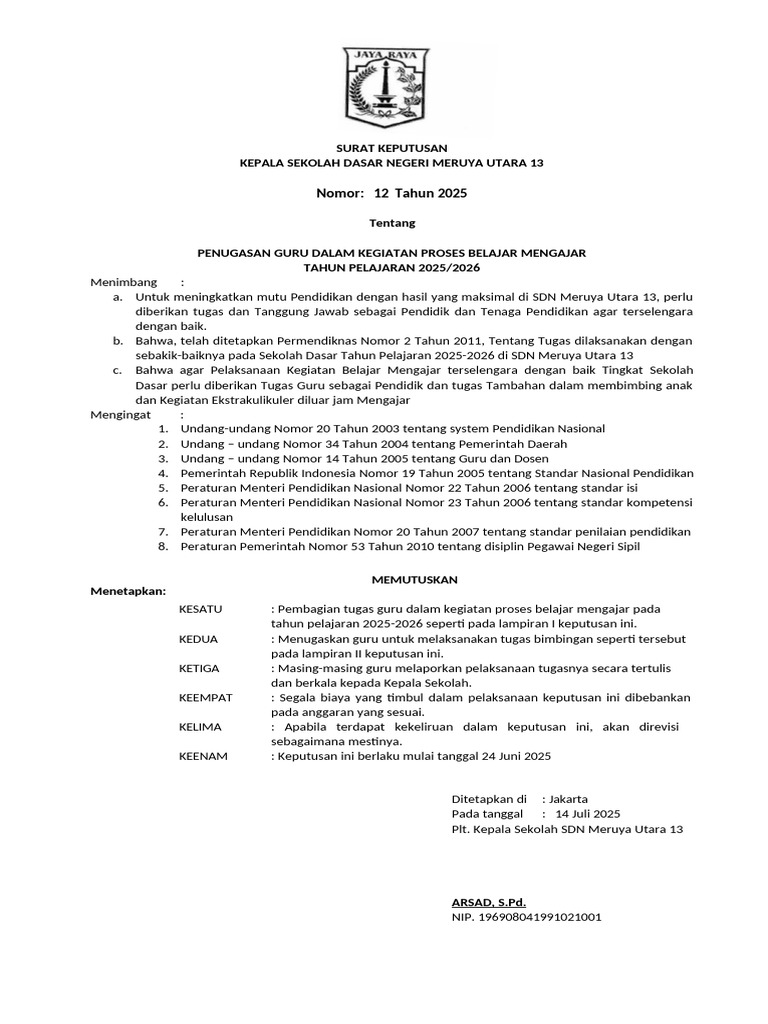 SK Pembagian Tugas 2025-2026 | PDF