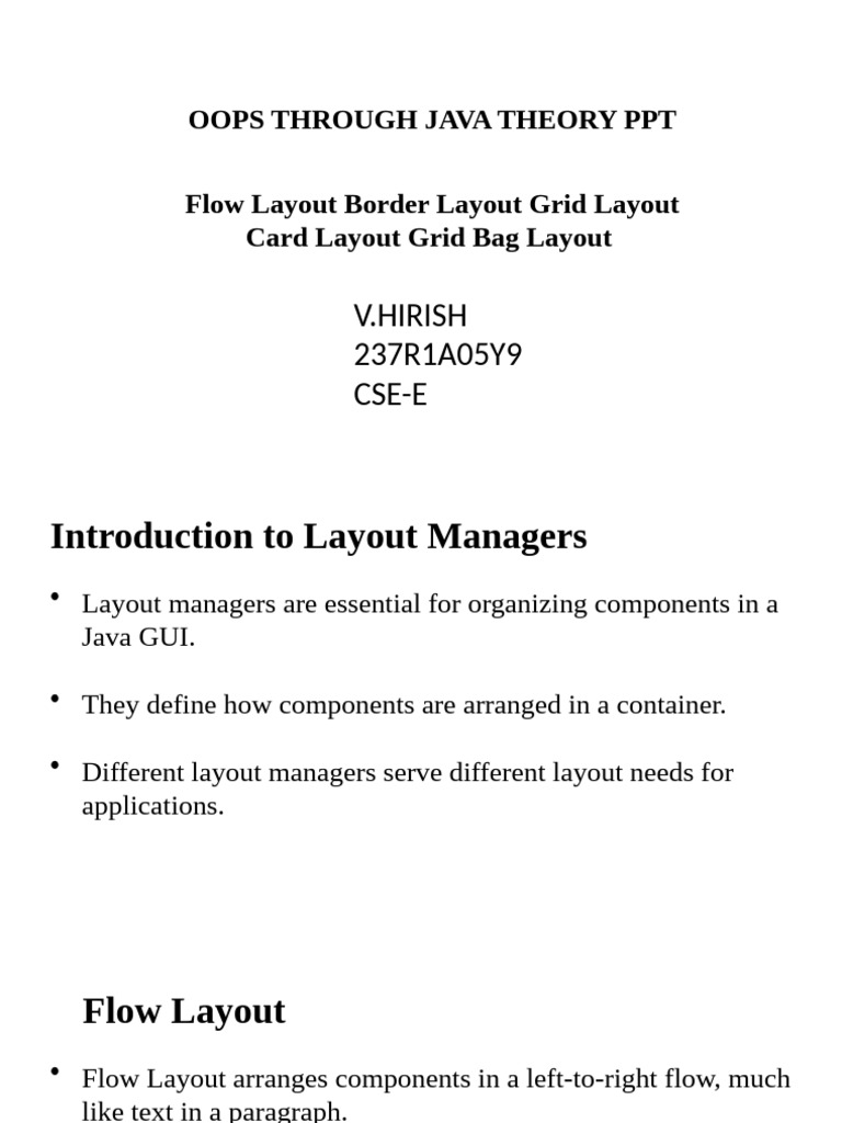Flow Layout Border Layout Grid Layout Card Layout Grid Bag Layout in Java (1) - 5Y9 | PDF
