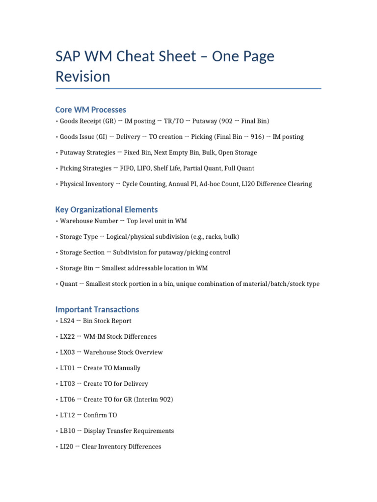 SAP WM Cheat Sheet | PDF