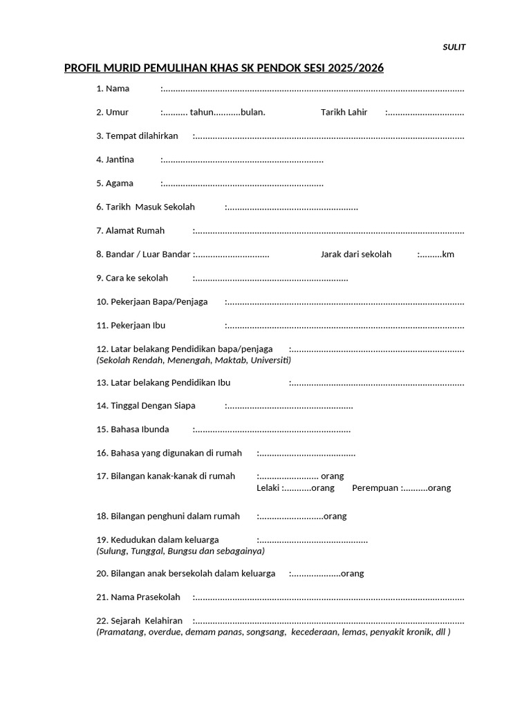 Borang Profil Murid Pemulihan | PDF