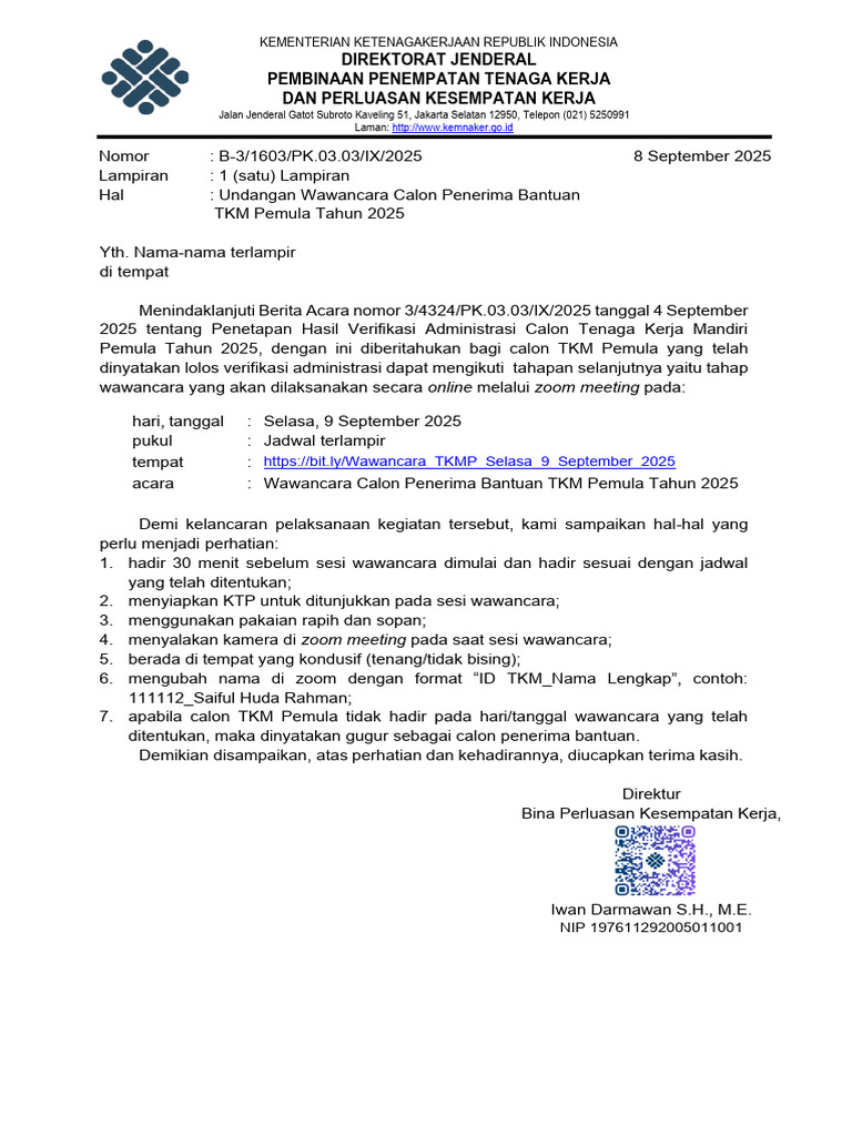 Undangan Wawancara TKM Pemula 2025-Selasa 9 September 2025 | PDF