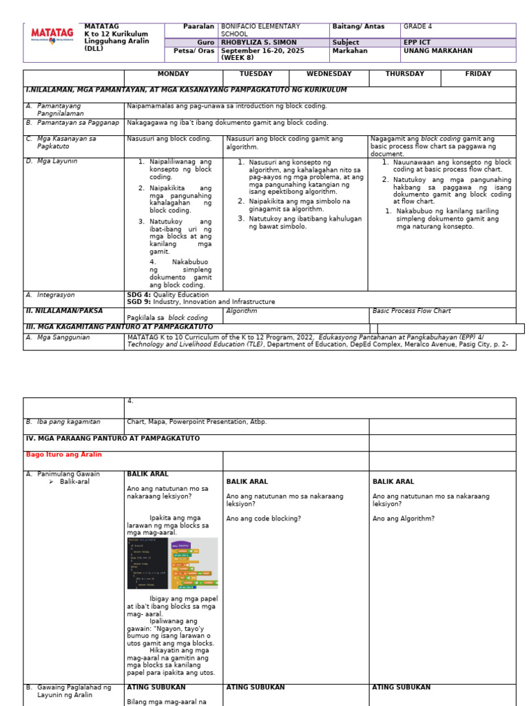 Matatag DLL Week 8 Epp Ict g4 | PDF