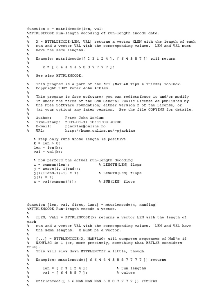 Run Length Encoding and Decoding | PDF | Matlab | Free Software