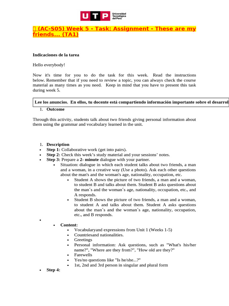 ? (AC-S05) Week 5 - Task Assignment - These Are My Friends... (TA1) (INGLES 1) | PDF