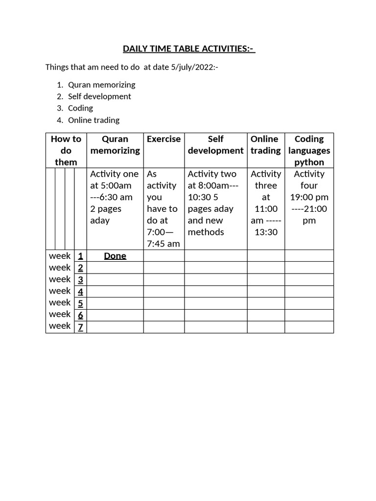 Daily Time Table for Productive Activities | PDF