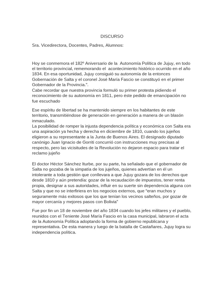 Discurso Autonomia Politica de Jujuy | PDF