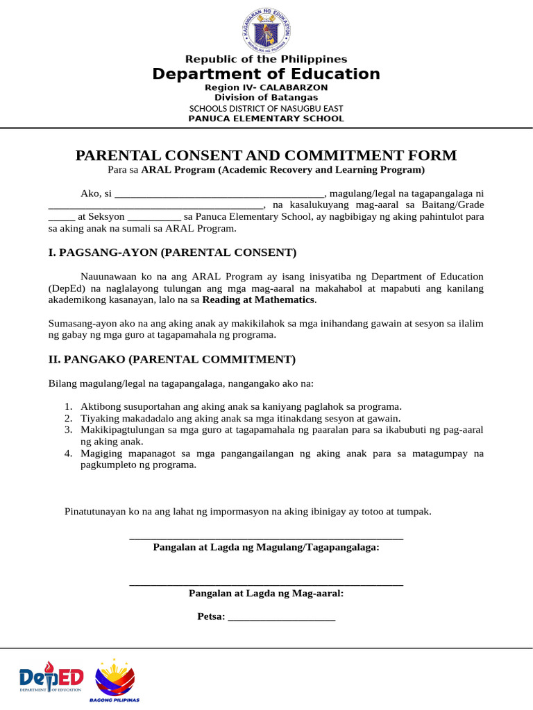 ARAL Program Parental Consent and Commitment Form A | PDF
